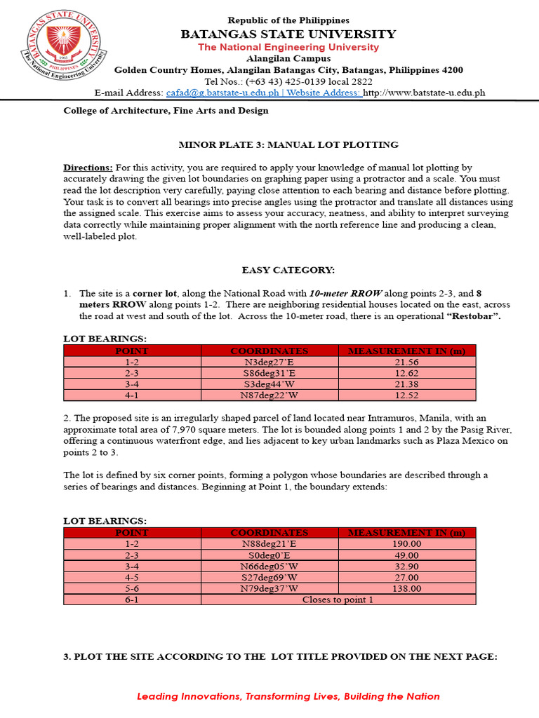 Manual Lot Plotting Guide for Students | PDF | Surveying