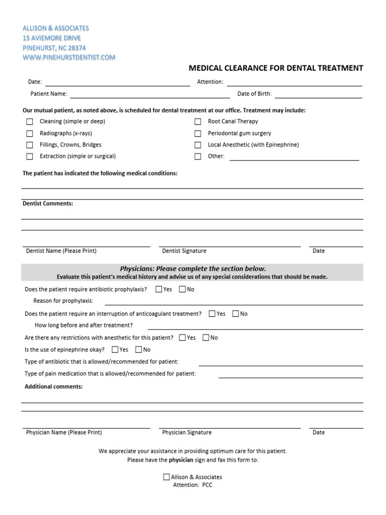 Medical Clearance for Dental Treatment | PDF | Dentistry | Dentist
