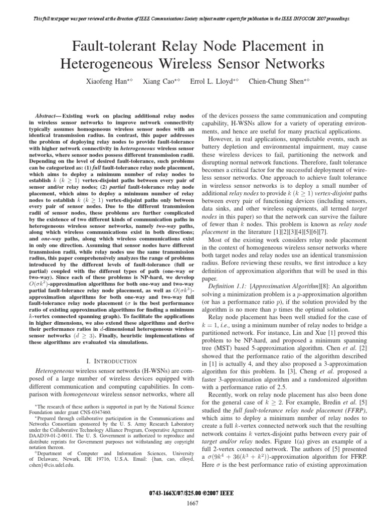 Fault-Tolerant Relay Node Placement in Heterogeneous Wireless Sensor Networks | PDF | Vertex ...