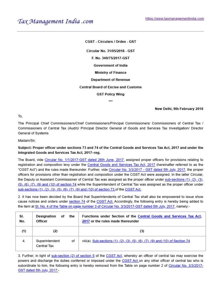 GST Circular on Proper Officers 2018 | PDF | Taxes | Government
