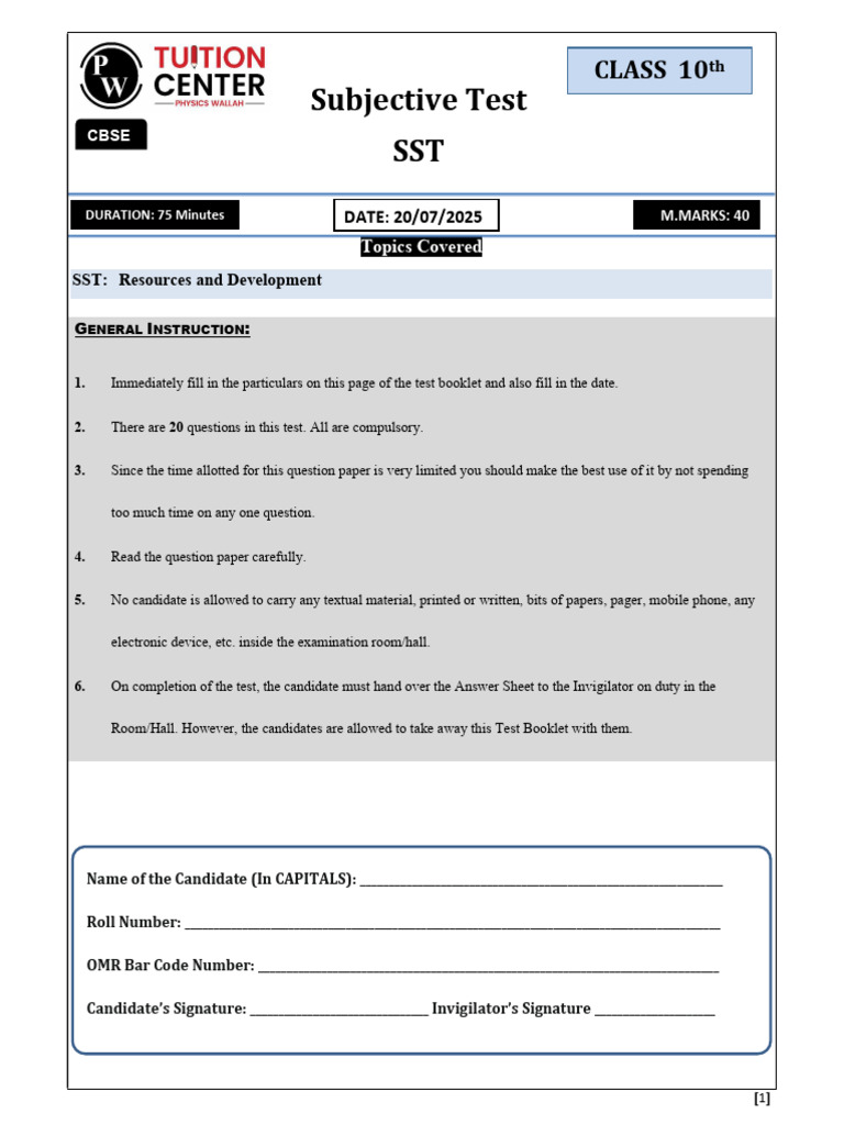 SST - Subjective Test 1 - Class 10th - Phase 1 - Questions | PDF ...