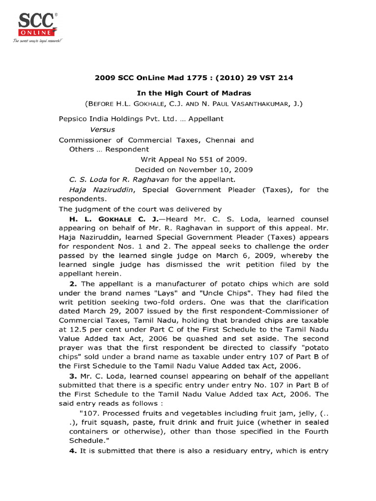 Para 10 Pepsico India v CCT 2009 Madras HC | PDF