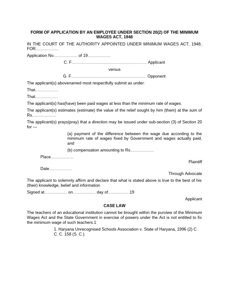 Form of Application by An Employee Under Section 20 (2) of The Minimum ...