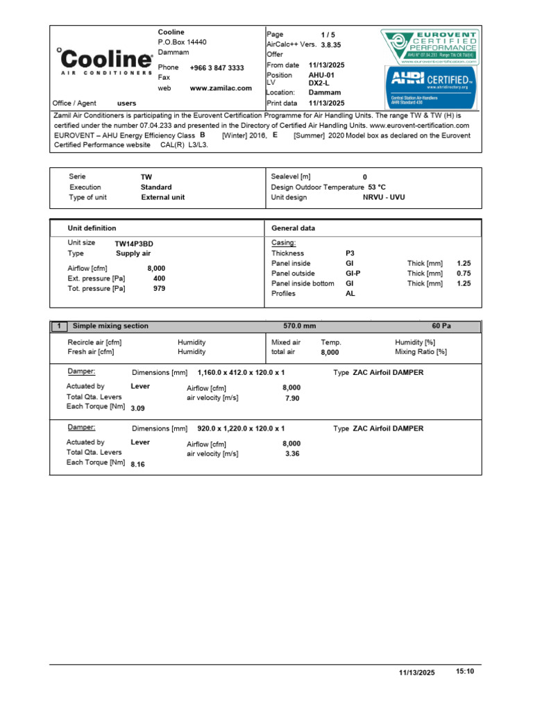 3.AHU 01 TW14 Selection | PDF | Decibel | Mechanical Engineering