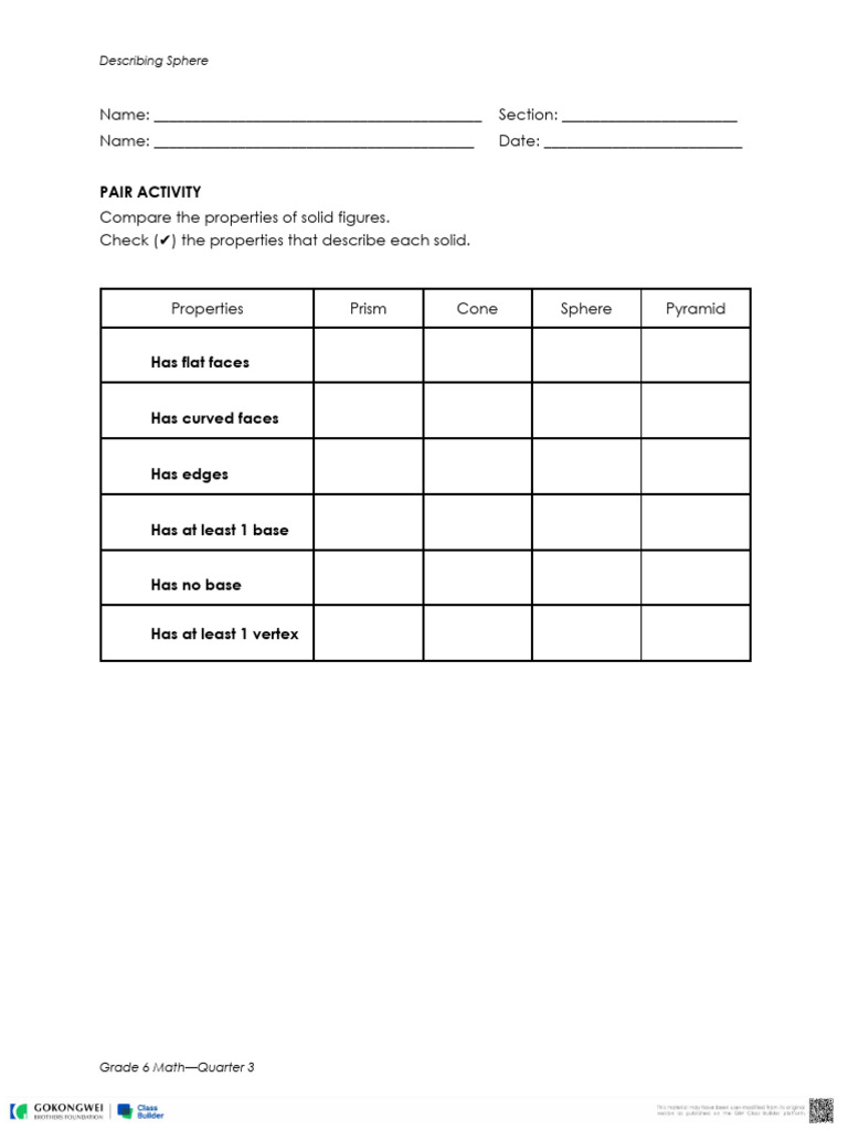 M6Q3L05 Worksheet - Describing Spheres Lesson | PDF | Sphere | Vertex ...