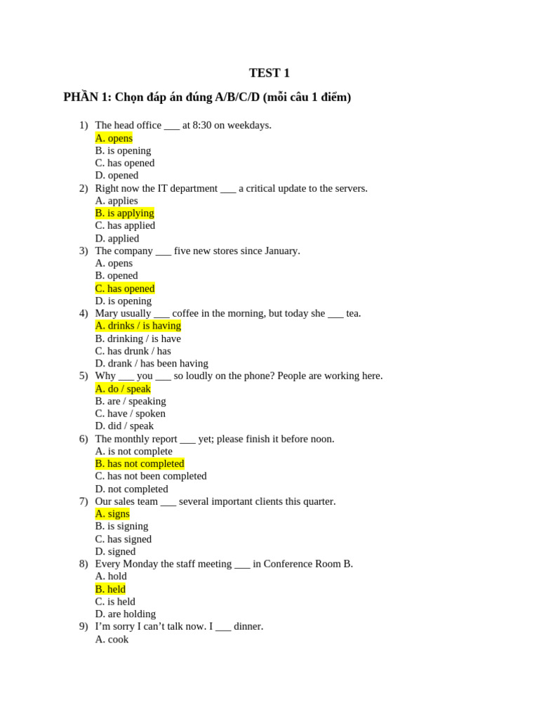 English Verb Tenses Practice Quiz | PDF