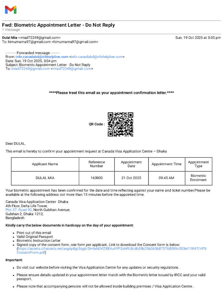Biometric Appointment Confirmation Email | PDF | Travel Visa ...