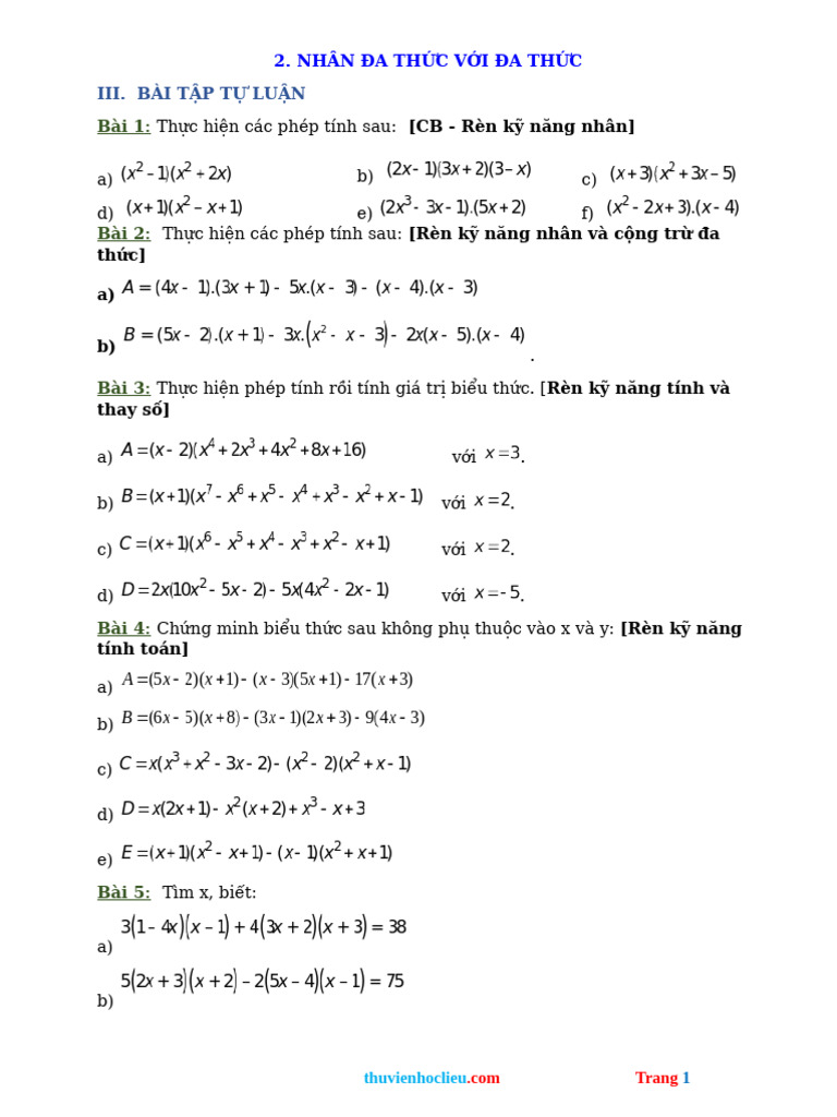 Bai Tap Toan Lop 8 Nhan Da Thuc Voi Da Thuc | PDF