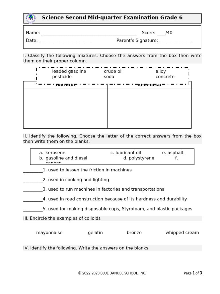 Grade 6 Science Exam: Mixtures & Pollution | PDF | Oil | Petroleum