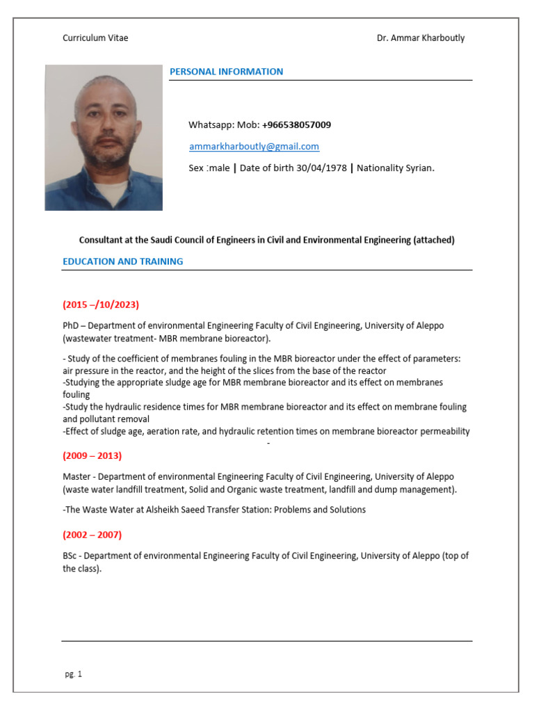 Curriculum Vitae - Ammar Kharboutly | PDF | Environmental Technology | Water