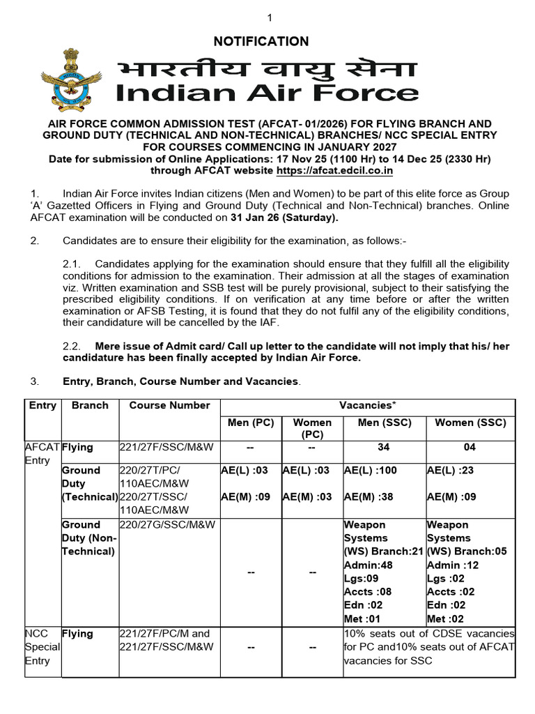 AFCAT-01-2026_Notification | PDF | Electrical Engineering | Electronic ...