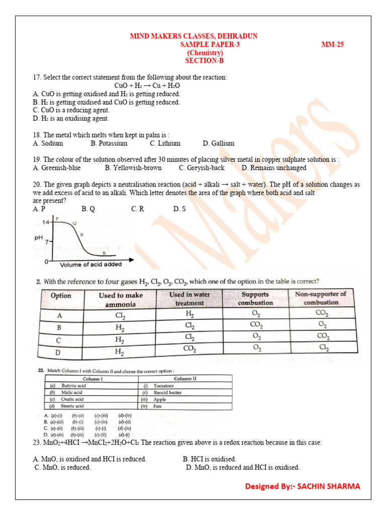 Chemistry Sample Paper for Class 10 | PDF | Redox | Chemical Substances