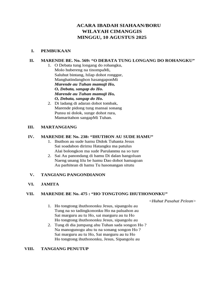 Acara Ibadah Siahaan - 10 Agustus 2025 | PDF
