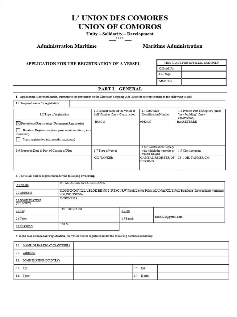Application Form for Registration | PDF | Tonnage | Watercraft