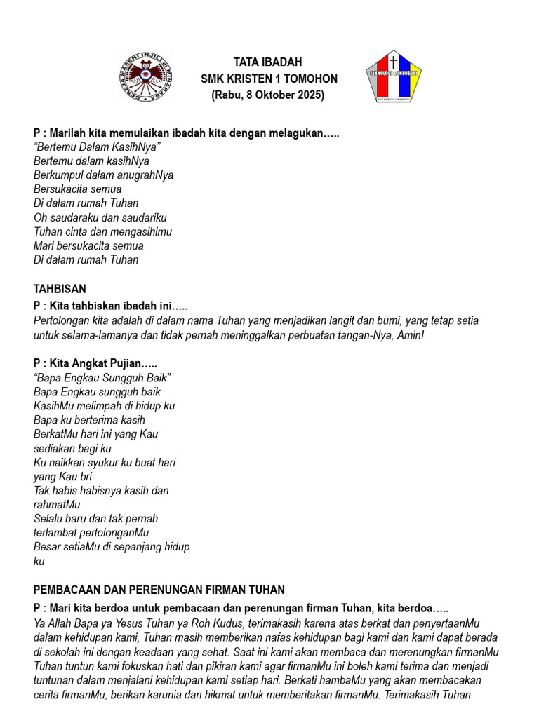 Ibadah SMK Kristen 1 Tomohon 2025 | PDF
