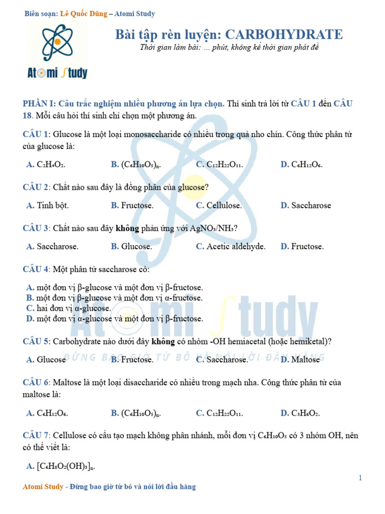 BTRL Chương Carbohydrate | PDF