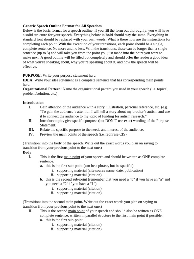 Speech Outline Format (2) (2) | PDF | Human Communication | Linguistics
