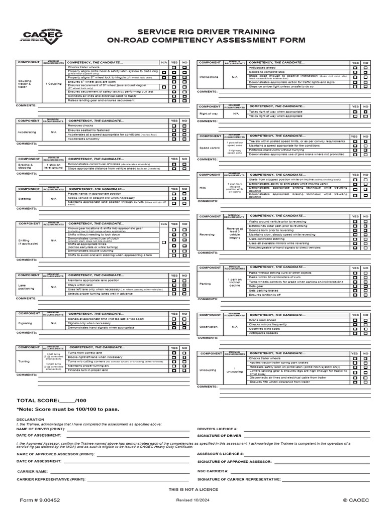 On Road Competency Assessment Form.v4.0 - Fillable | PDF | Vehicles | Traffic