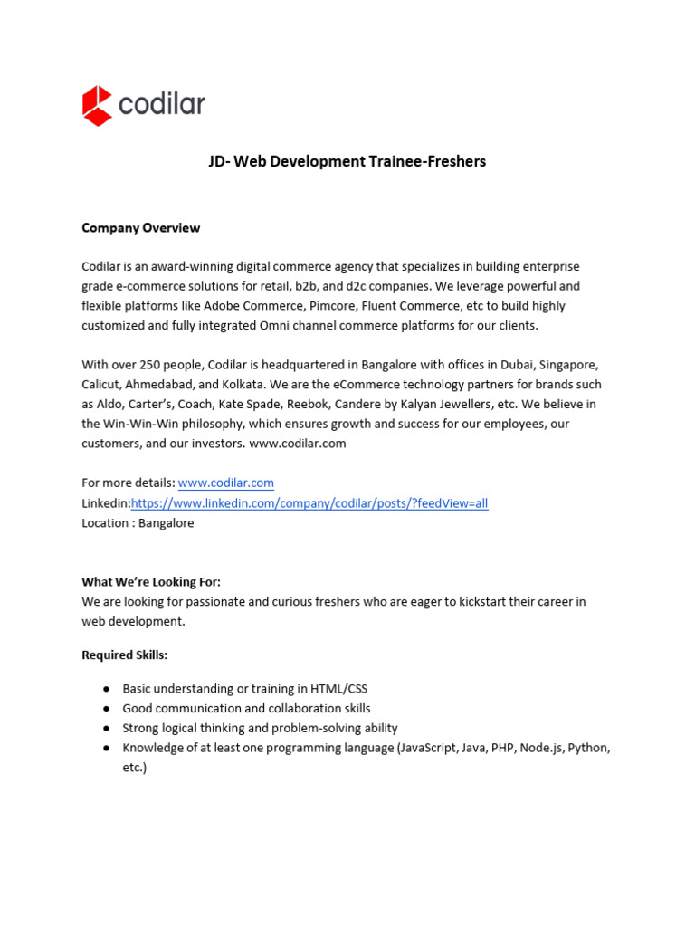 JD Web Development Trainee Freshers Codilar 2025 ( | PDF