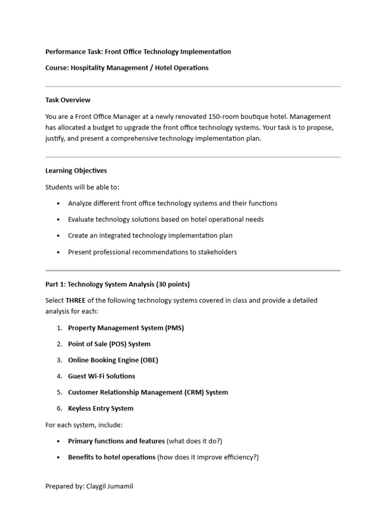 Performance Task-Front Office Technology Implementation | PDF