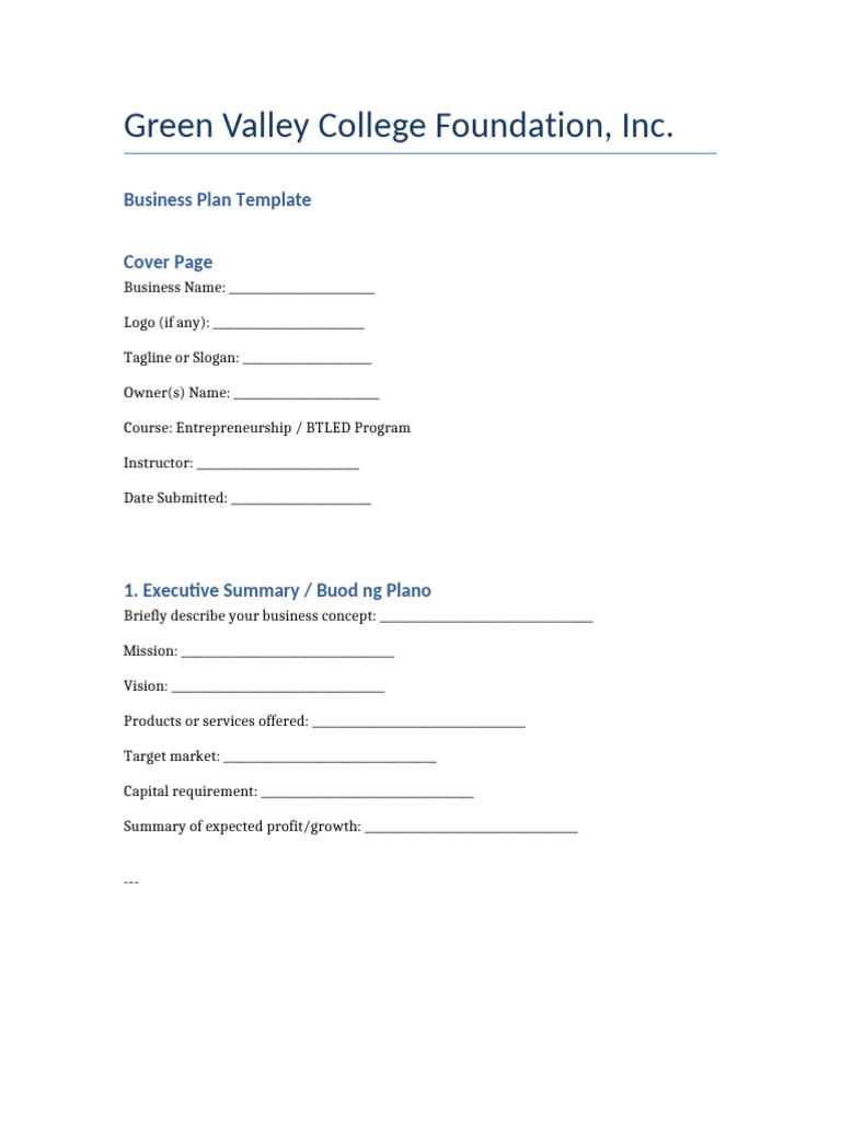 Green Valley College Business Plan Template | PDF | Marketing | Economies