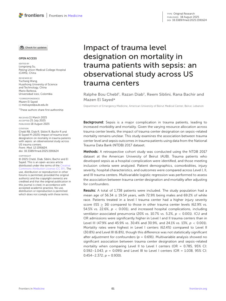 Impact of Trauma Level Designation On Mortality in | PDF | Sepsis ...