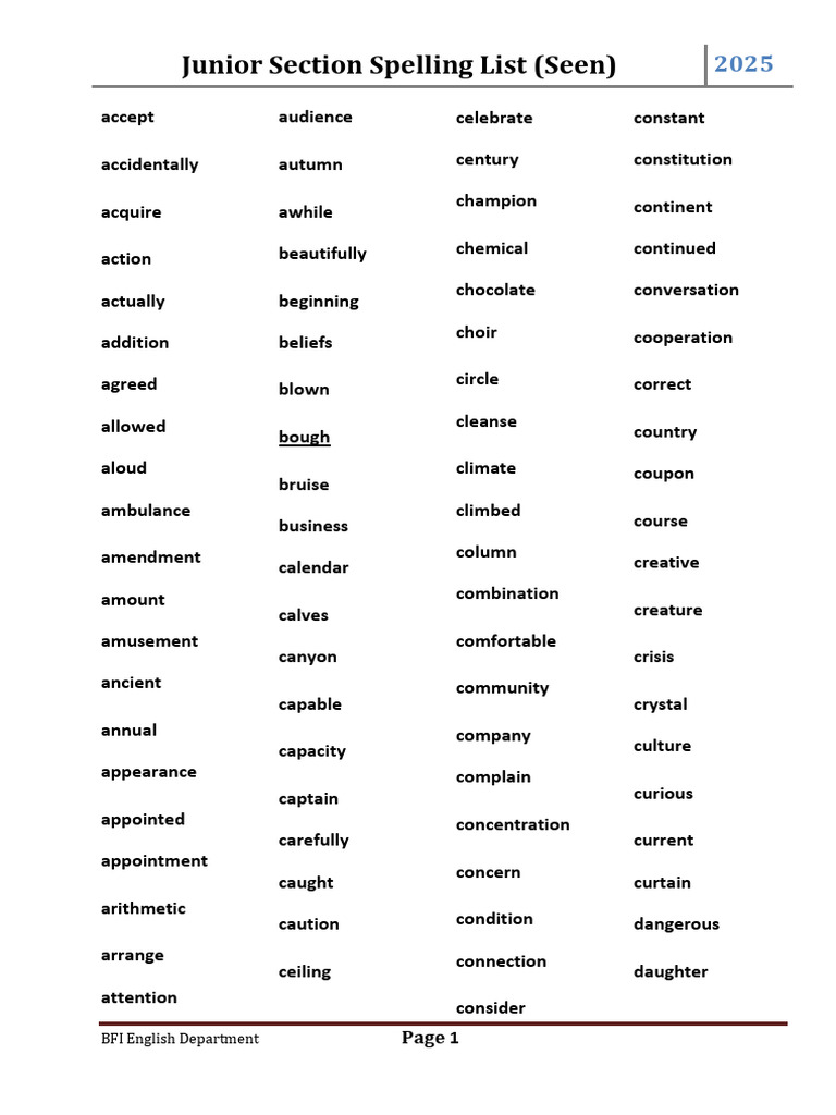 2025 Junior Spelling List | PDF