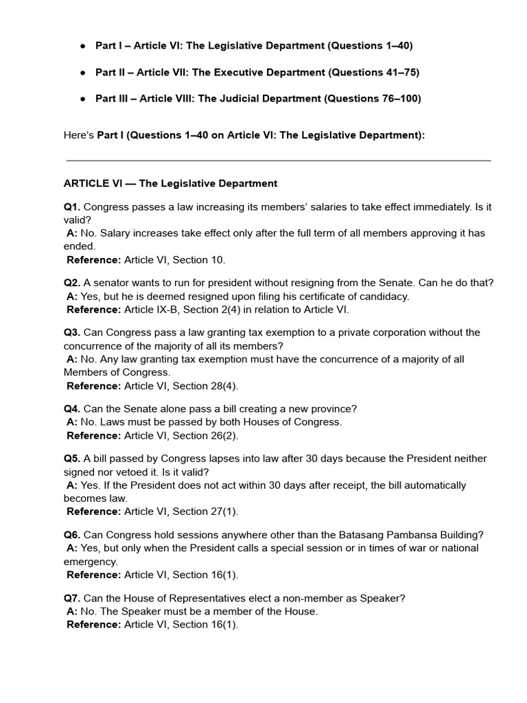 Part I – Article VI_ the Legislative Department (Questions 1–40) | PDF ...