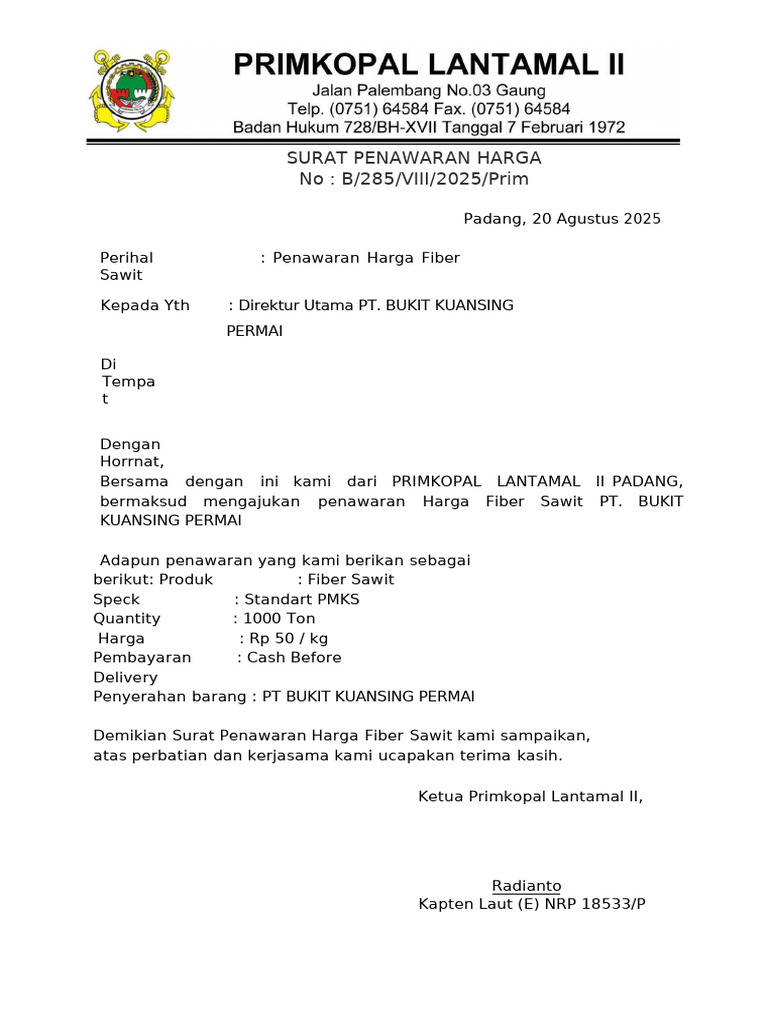 Penawaran Harga Fiber Sawit 1000 Ton | PDF