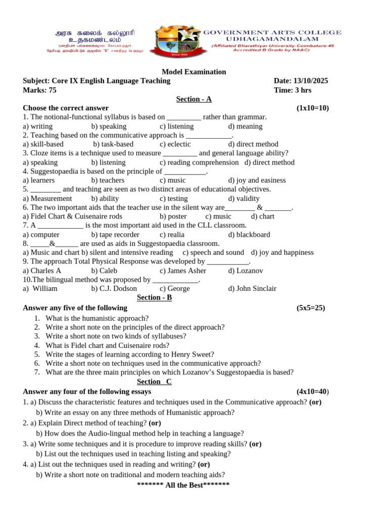 ELT Model Examination Oct 2025 | PDF | Linguistics | Learning