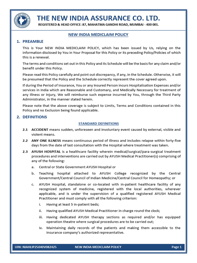 New India Mediclaim Policy Overview | PDF | Intensive Care Unit ...