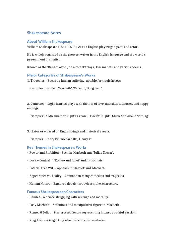 Overview of Shakespeare's Works and Themes | PDF
