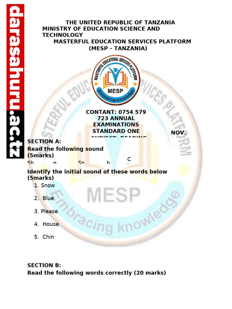 Tanzania Standard One Reading Exam | PDF
