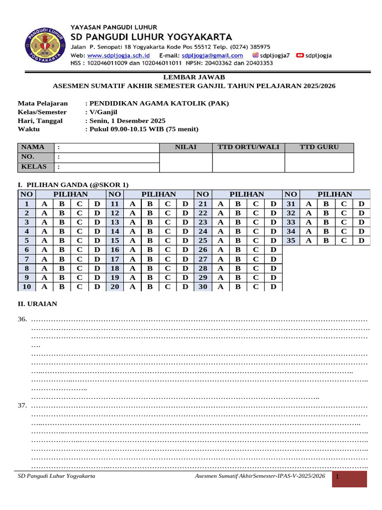 Pas Ganjil Agama 2025-2026 - LJK | PDF