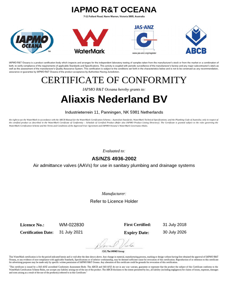 WaterMark Certification for Air Admittance Valves | PDF | Certification