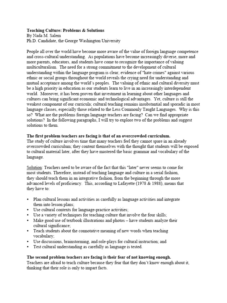 Teaching Culture Problems and Solutions | PDF | Teachers | Knowledge