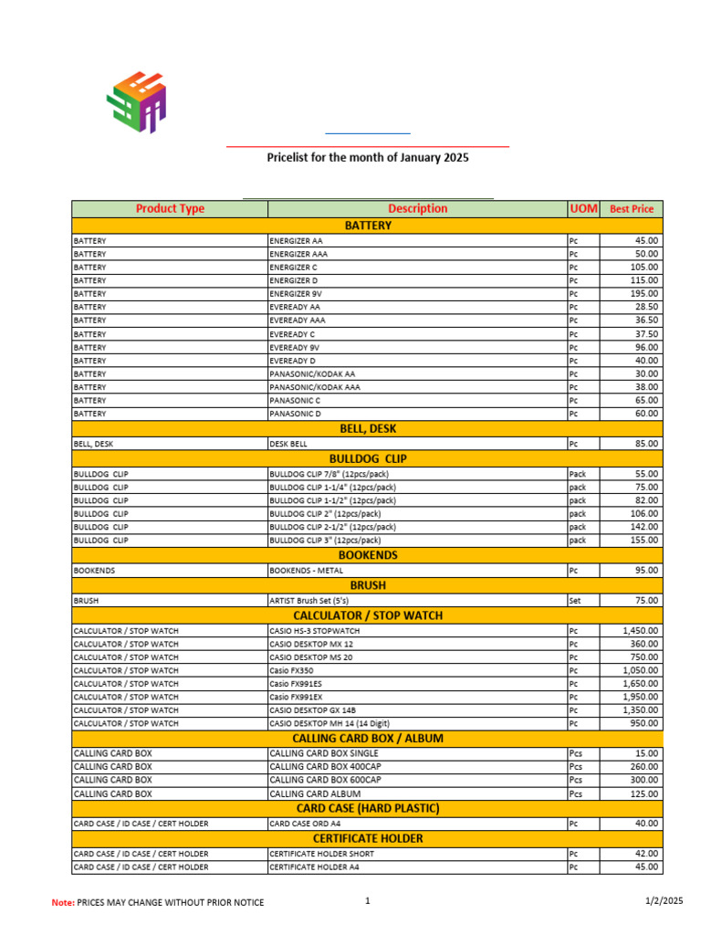 January 2025 Stationery Price List | PDF | Personal Computers | Stationery
