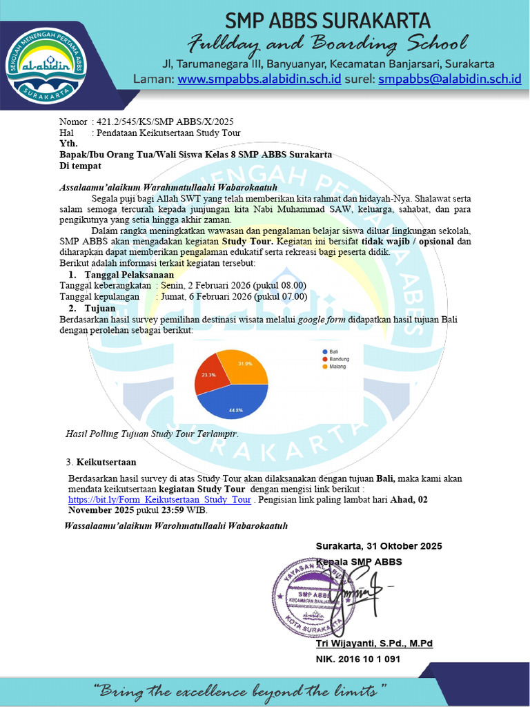 Pendataan Study Tour SMP ABBS 2026 | PDF