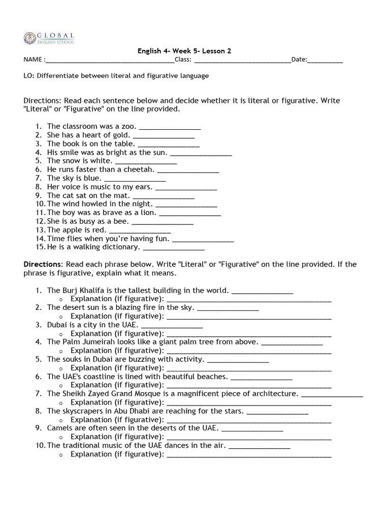 Literal vs Figurative Language Exercise | PDF | United Arab Emirates ...