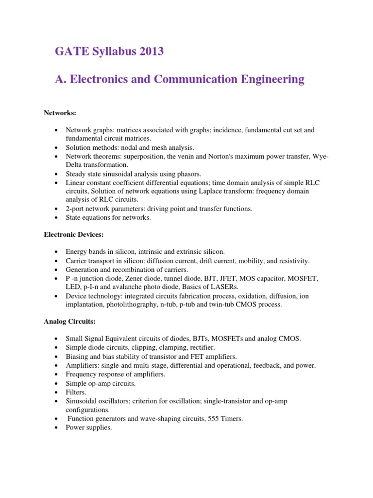 GATE Syllabus 2013 A. Electronics and Communication Engineering | PDF
