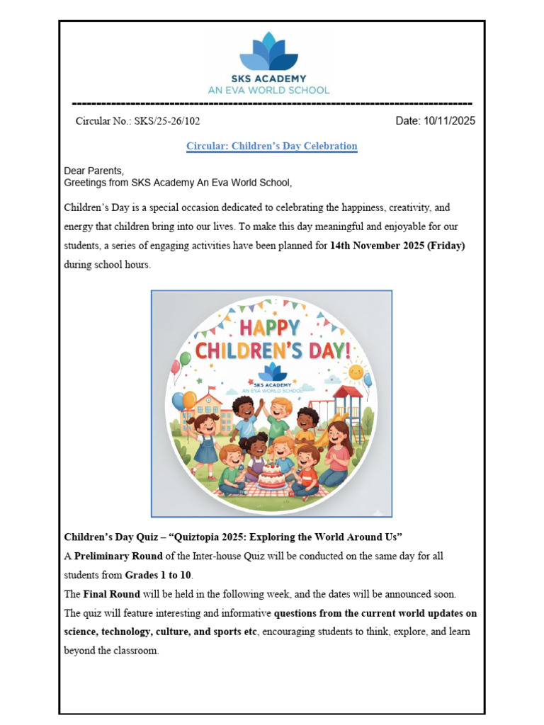 CIRCULAR 102 SKS - Circular - Children s Day Celebration | PDF