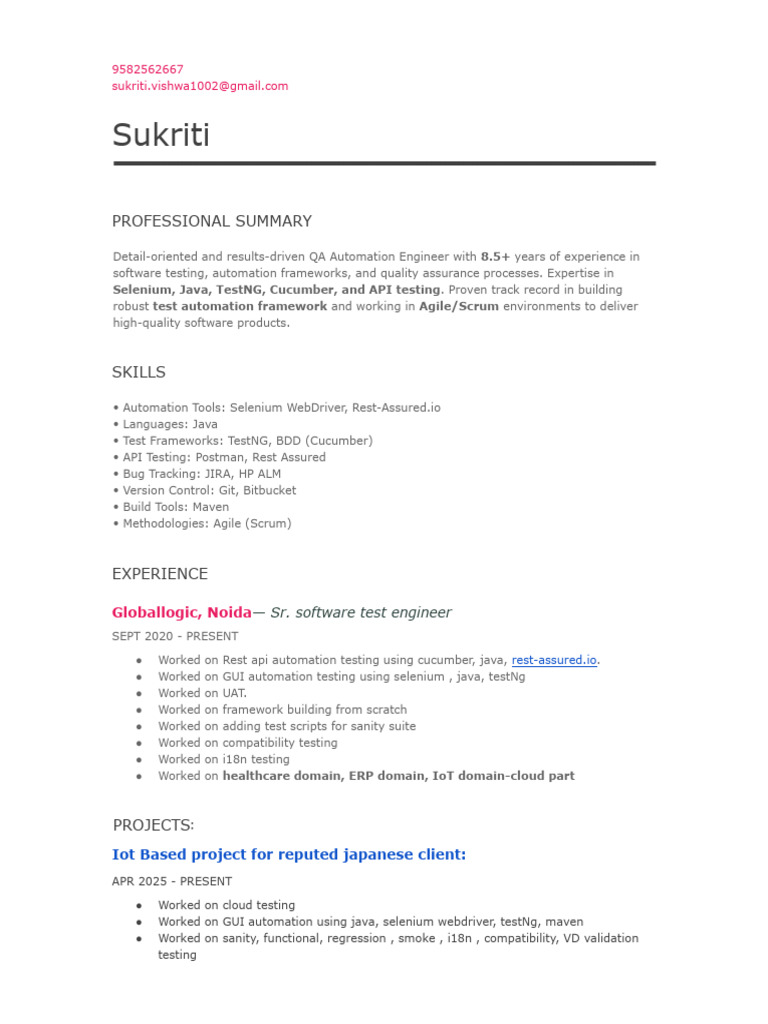 Sukriti Resume | PDF | Selenium (Software) | Software Testing