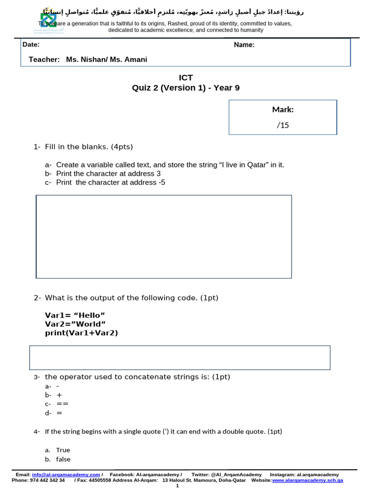 Quiz 2 Year 9 | PDF | String (Computer Science) | Computer Engineering