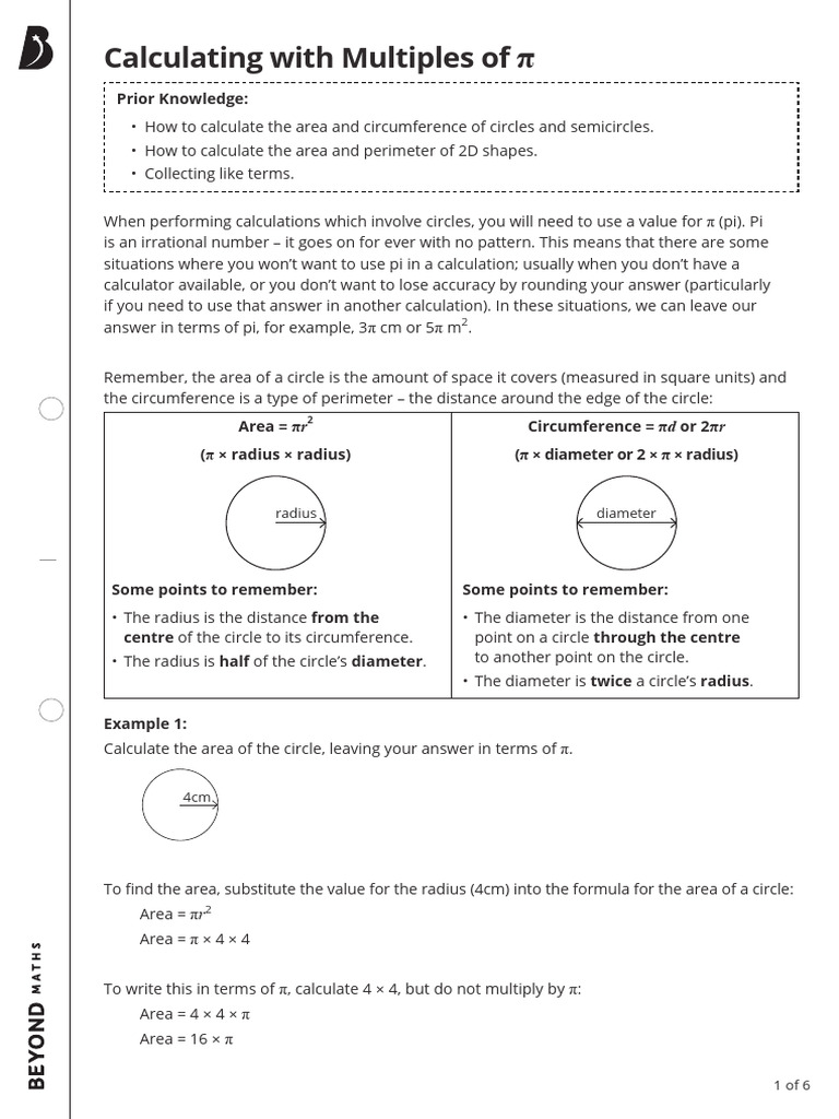 Calculating Area & Circumference with π | PDF | Area | Pi