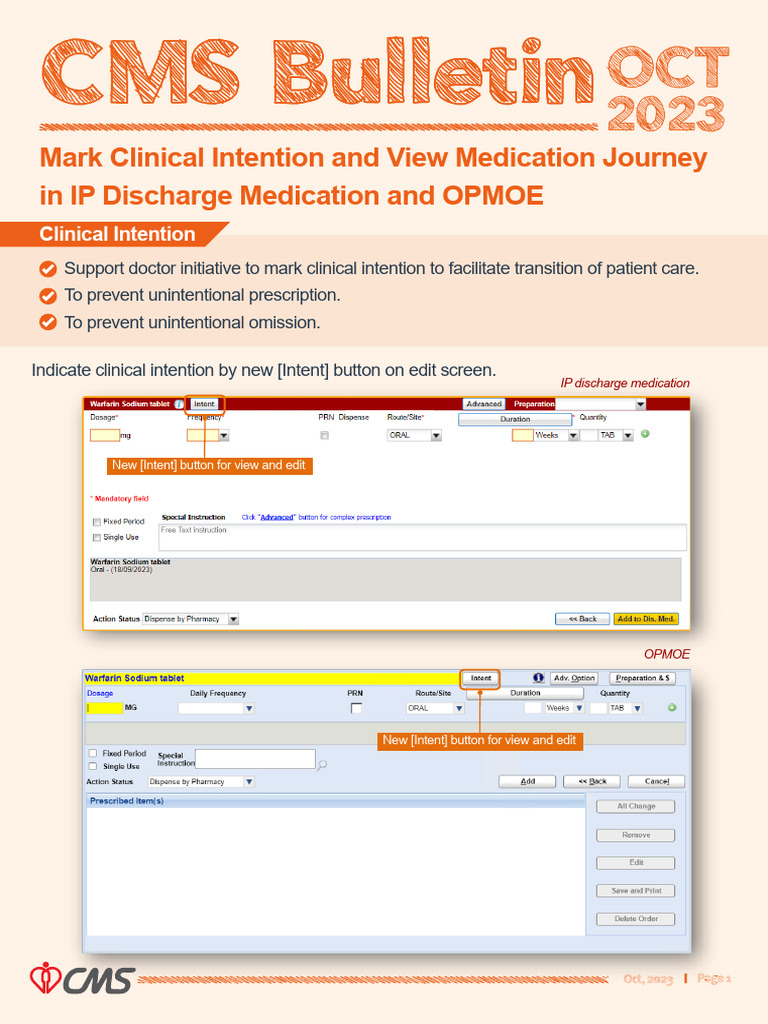 CMS - Bulletin - OCT 2023 - Clinical Intention and Medication Journey | PDF