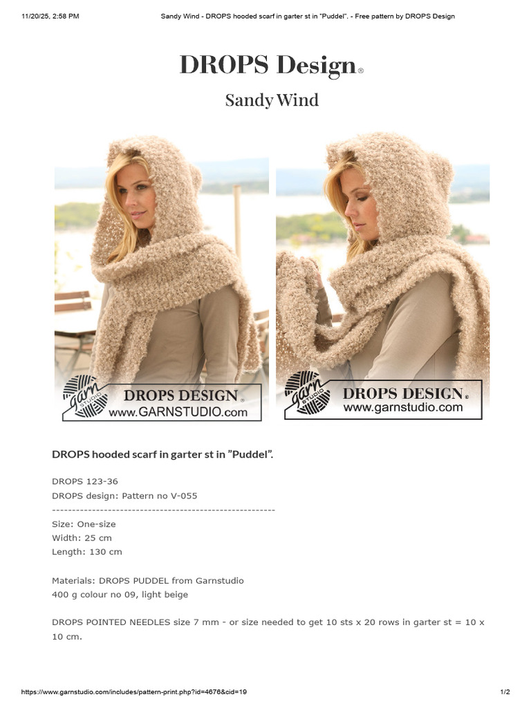 Sandy Wind - DROPS Hooded Scarf in Garter ST in "Puddel". - Free ...