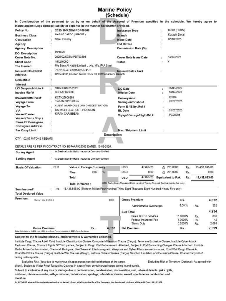 866 Revise Marine Policy Draft | PDF | Insurance | Cargo