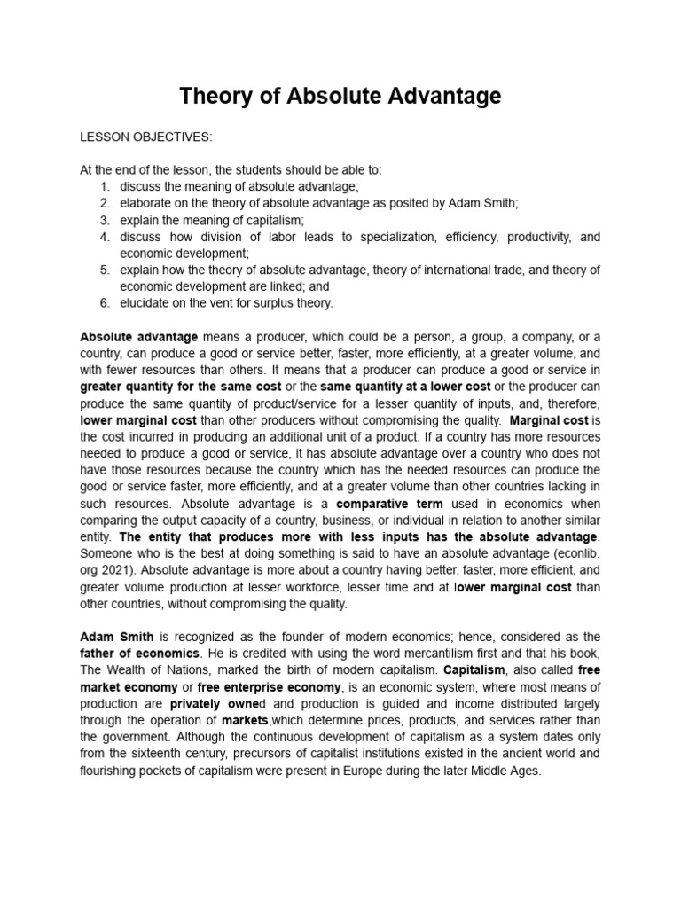 Theory of Absolute Advantage | PDF | Economics | Mercantilism