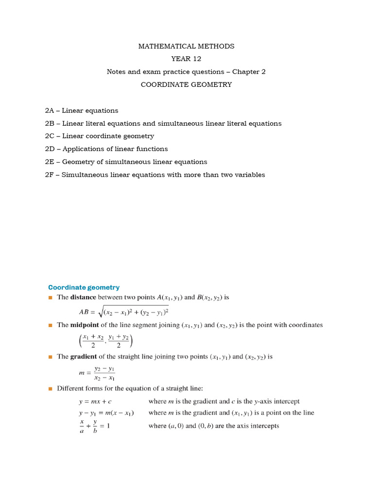 Year 12 Coordinate Geometry Exam Prep | PDF | Equations | Analytic Geometry