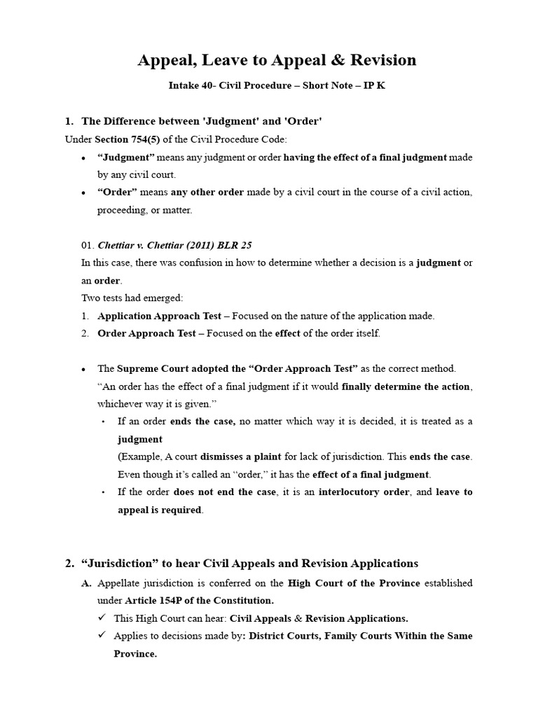 Appeal & Revision - Civil Procedure - Short Note - IP K | PDF | Appeal ...